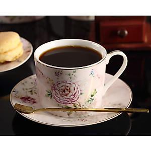 GuangYang Porcelain Tea Cups and Saucers,7 Ounce,Set of 2,Peony Flower Design Coffee Cup with Saucer,220ml Vintage Teacup (Total 4 pieces)