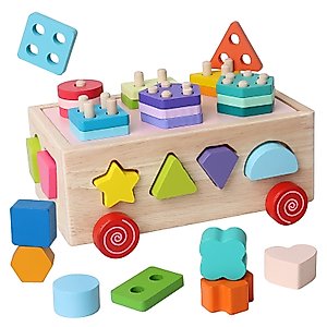 Wakagen Montessori Toys Children's Educational Toys Shape Block Cart Wooden Shape Sorting Toys Boys and Girls Stacking Educational Learning Shape Color Puzzle Toys (WT002)