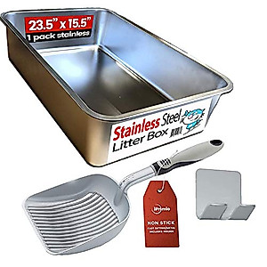 iPrimio Stainless Steel Cat XL Litter Box and Cat Litter Chrome Scooper - Shovel & Pan for Sifting Kitty Cats Litter, Rust Resistant, Comfy Grip, Ergonomic Handle