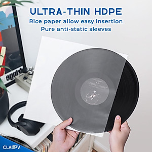 Claev 100 Anti Static Inner Record Sleeves w/Rice Paper for Vinyl LP Records (12 inch, Square), High Fidelity Protective Plastic Storage Covers