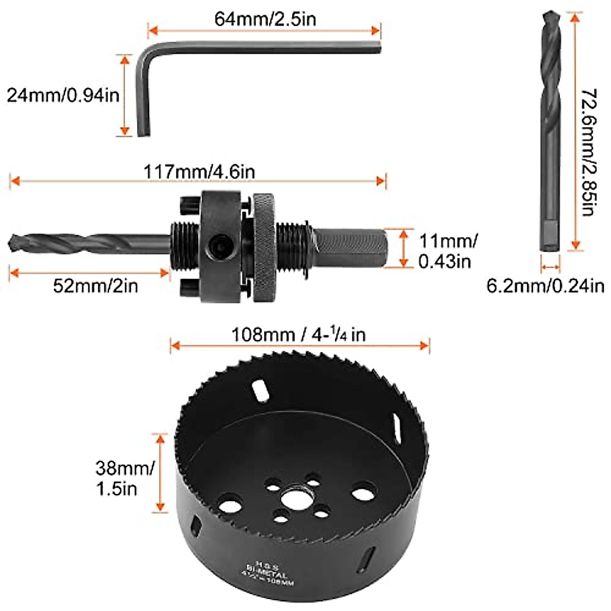4-1/4 Inch Hole Saw with Heavy Duty Arbor, HSS Bi-Metal Holesaw Drill Bits 38mm Depth Hole Cutter Saw for Easily Drilling Soft Metal, Plywood, Plastic, Drywall, Wood, Fiberboard (108mm)