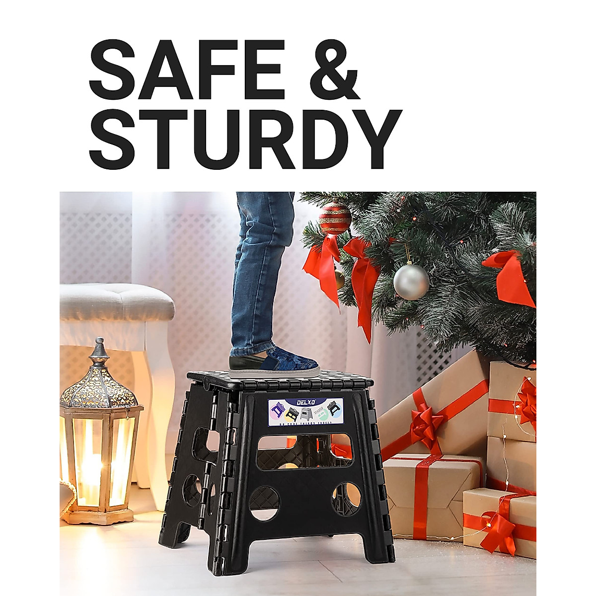 Delxo Folding Step Stool, 13 inch Non-Slip Foldable Stools for Kids & Adults Up to 300 LBS, Step Stool with Handle, Lightweight for Kitchen, Bathroom, Bedroom, Garden, Black, 1PC