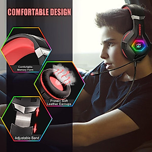 Ozeino Gaming Headset for PC, Ps4, Ps5, Xbox Headset with 7.1 Surround Sound, Gaming Headphones with Noise Cancelling Mic RGB Light Over Ear Headphones for Xbox Series X/S, Switch -Red