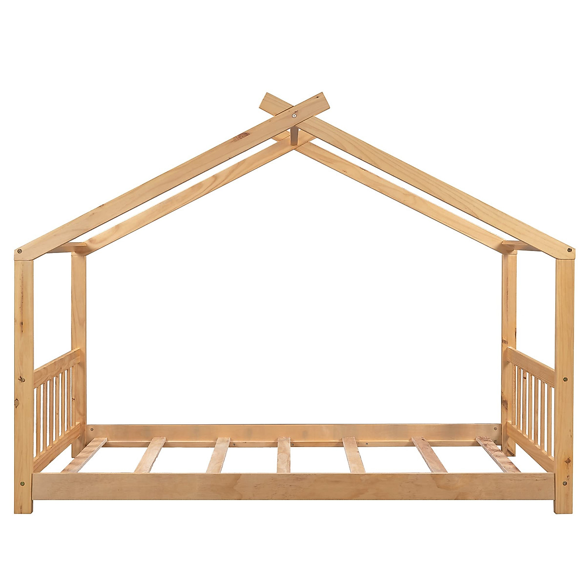 Harper & Bright Designs Toddlers House Platform Beds, Solid Wood Twin Size Floor Montessori Bed with Headboard & Footboard, House Cabin Bed Frame for Kids, Teens, Girls, Boys (Natural)