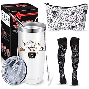 Geiserailie Halloween Funny Gifts Set Halloween Insulated Tumbler with Lid and Straw Halloween Makeup Bags and Spider Thigh High Stockings for Halloween Party Women Friends