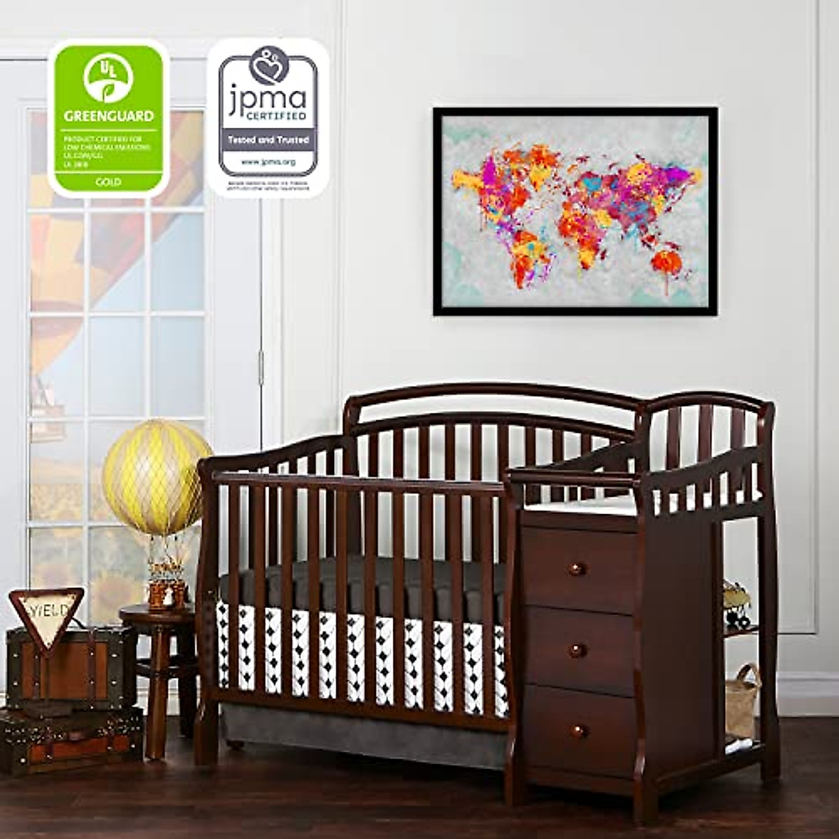 Dream On Me Casco 3-In-1 Mini Crib And Changing Table In Espresso, Convertible Crib, Made Of Pinewood, Three Position Adjustable Mattress Height Settings