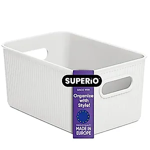 Superio Decorative Plastic Open Home Storage Bins Organizer Baskets, Medium White (1 Pack) Container Boxes for Organizing Closet Shelves Drawer Shelf - Ribbed Collection 5 Liter