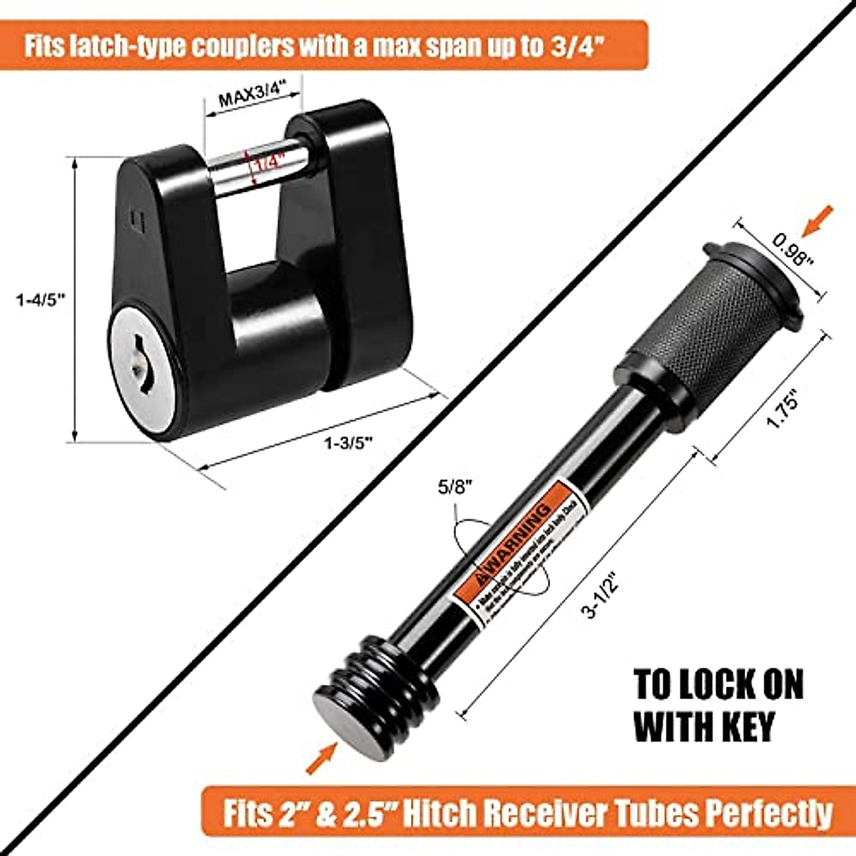 CZC AUTO Hitch Lock Set, Dia 5/8 Inch Trailer Hitch Lock Hitch Receiver Pin Lock for Class III IV 2" and 2-1/2" Receiver, Dia 1/4 Inch Hitch Coupler Lock with 3/4 Inch Span Fits Latch-Type Couplers