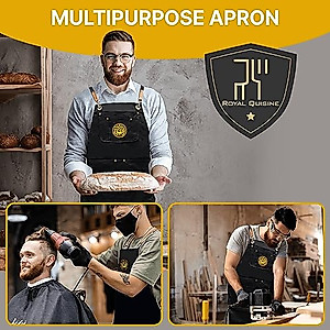 Royal Quisine Chef Apron – Cotton Aprons for Men and Women – Professional Cooking Apron for BBQ, Barista, Chef, Gardener – Comfortable Waist Apron with X-Shaped Straps – Korean Embroidery