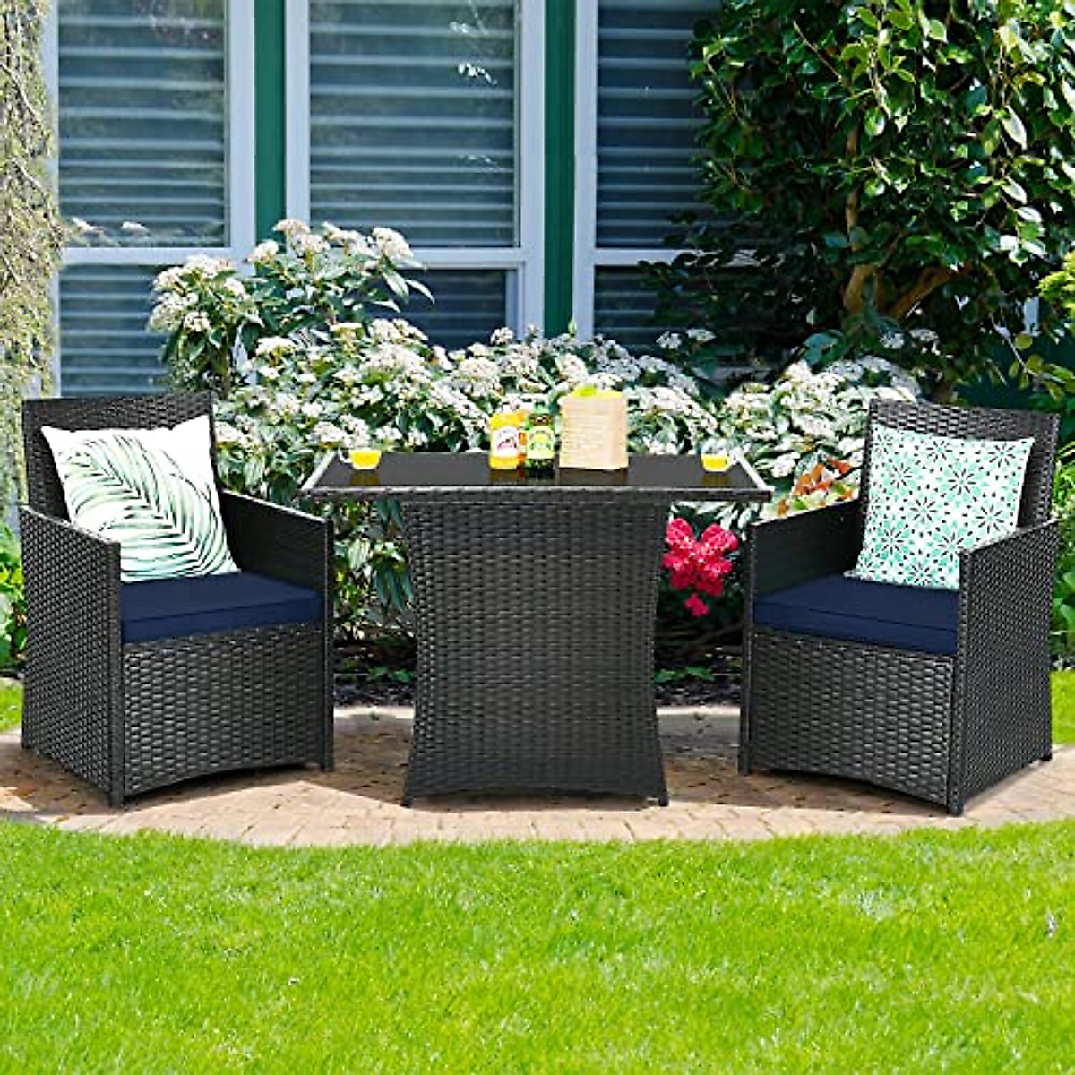 LUKEO 3PCS Patio Rattan Furniture Set Cushion Sofa Armrest Garden Deck Navy Mixed Brown