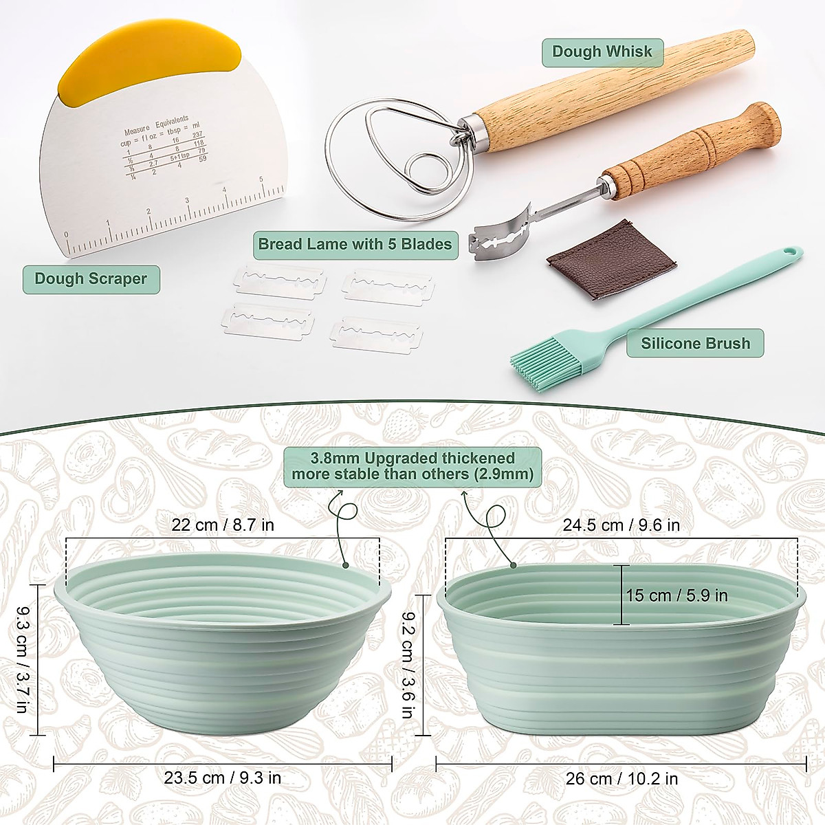 Silicone Sourdough Bread Proofing Baskets - Sourdough Starter Kit Including 9 Inch Round&10 Oval Foldable Sourdough Baking Basket, With Dough Whisk, Scraper, Lames, Brush, Baking Supplies Set (Green)