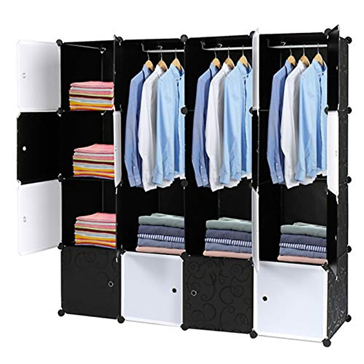 DWLOMHE 16 Cubes Bookcase Modular DIY Plastic Cabinet, Wardrobe Cabinet,Storage Shelves for Lounge, Office,with 3 Clothes Rails