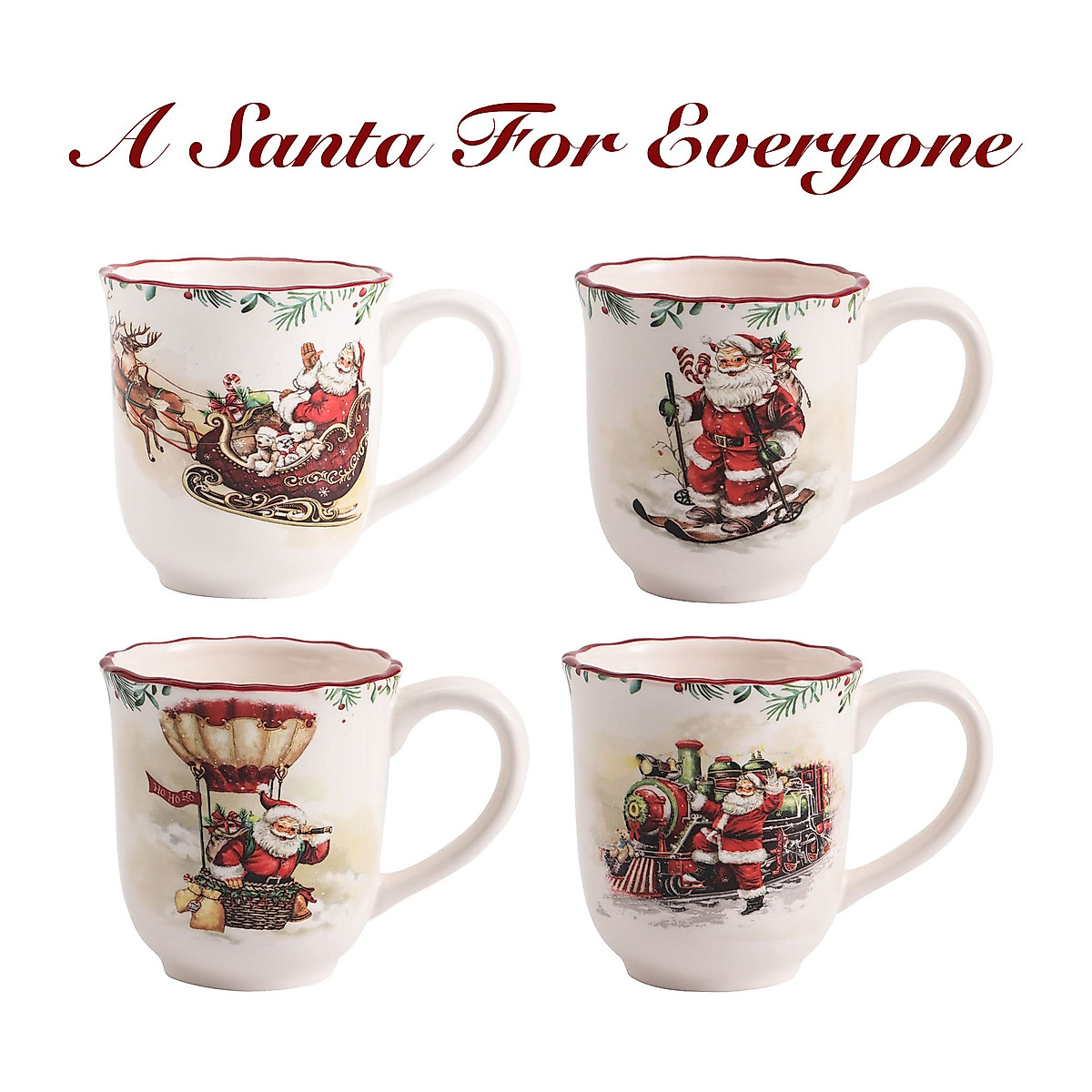 Bico Santa On The Way Ceramic Mugs, Set of 4, for Coffee, Tea, Drinks, Microwave & Dishwasher Safe