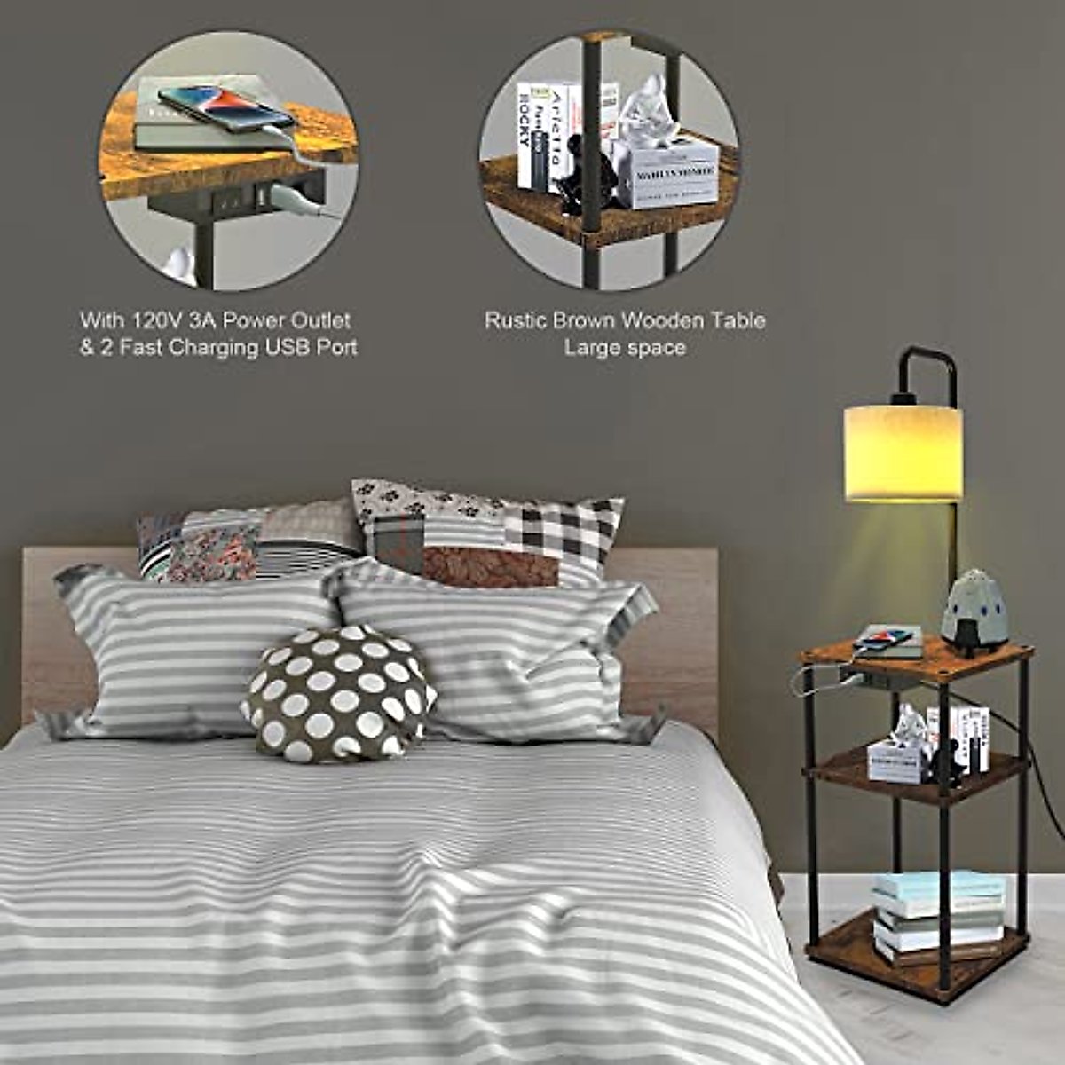 Hitish Floor Lamp with Table, Rustic End Table Lamp with USB Charging Port, Power Outlet & Shelves, Side Table Reading Light with Adjustable Color Temperatures & Brightness for Bedroom, Living Room