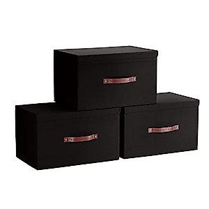 Ornavo Home 3 Pack Collapsible Storage Bins with Lid, Foldable Linen Fabric Shelf Storage Basket Closet Organizer and Large Storage Box for Clothes with Leather Handles, 15 x 10 x 9, Black