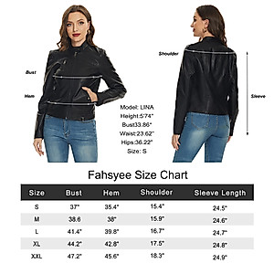 Fahsyee Black Faux Leather Jackets for Women Zip Up Motorcycle Short PU Moto Biker Outwear Fitted Slim Coat Size L