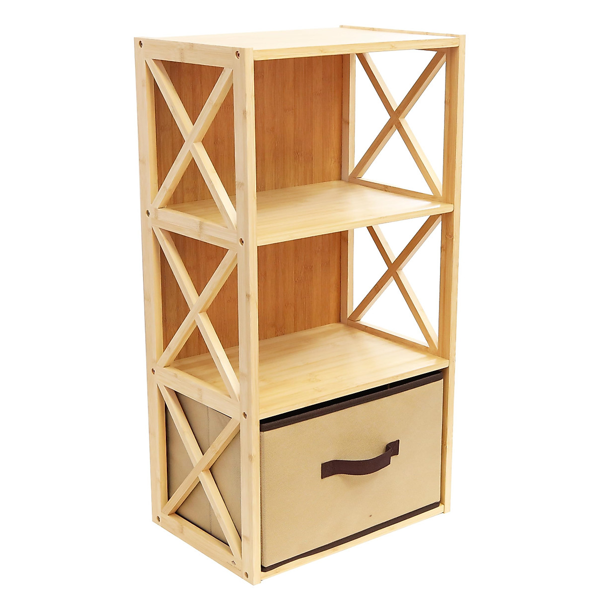 RoyalHouse Bamboo Storage Cabinet with Basket, 3-Tier Open Shelf, Cabinet for Bathroom, Living Room, Bedroom, Kitchen,Office