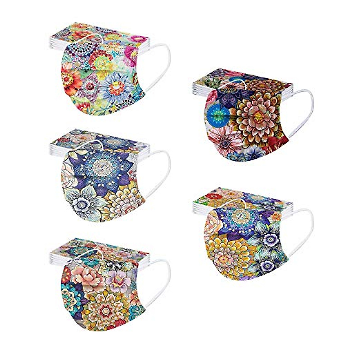 50 Pack Floral Disposable Face_Masks with Design for Women, 3 Ply Protective Flower FaceMasks with Nose Wire for Adults, 3D Breathable Anti-fog for Adults Outdoor Daily (MANDALA)