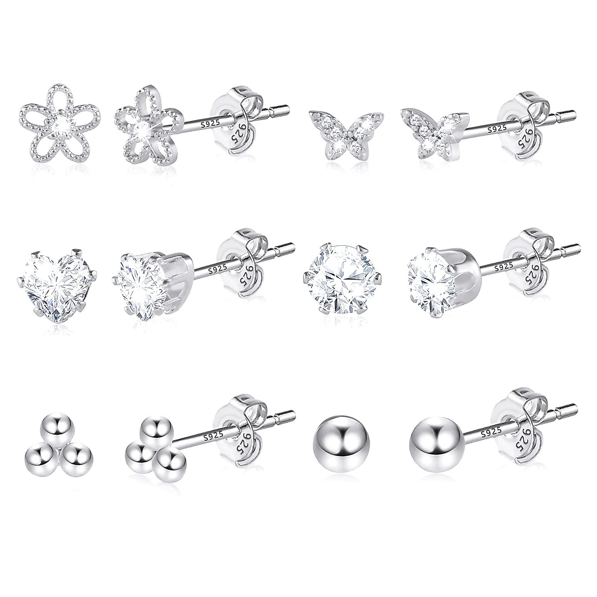 6 Pairs White Gold Small Stud Earrings Set,Dainty Hypoallergenic Cubic Zirconia Sterling Silver Cartilage Post Earring Tiny Ball Heart Butterfly Flower Stud Earrings for Women