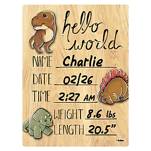 Cohas Hello World Newborn Baby Announcement Printed Wood Sign with Dinosaur Theme, 5 by 7 Inches, Black Marker