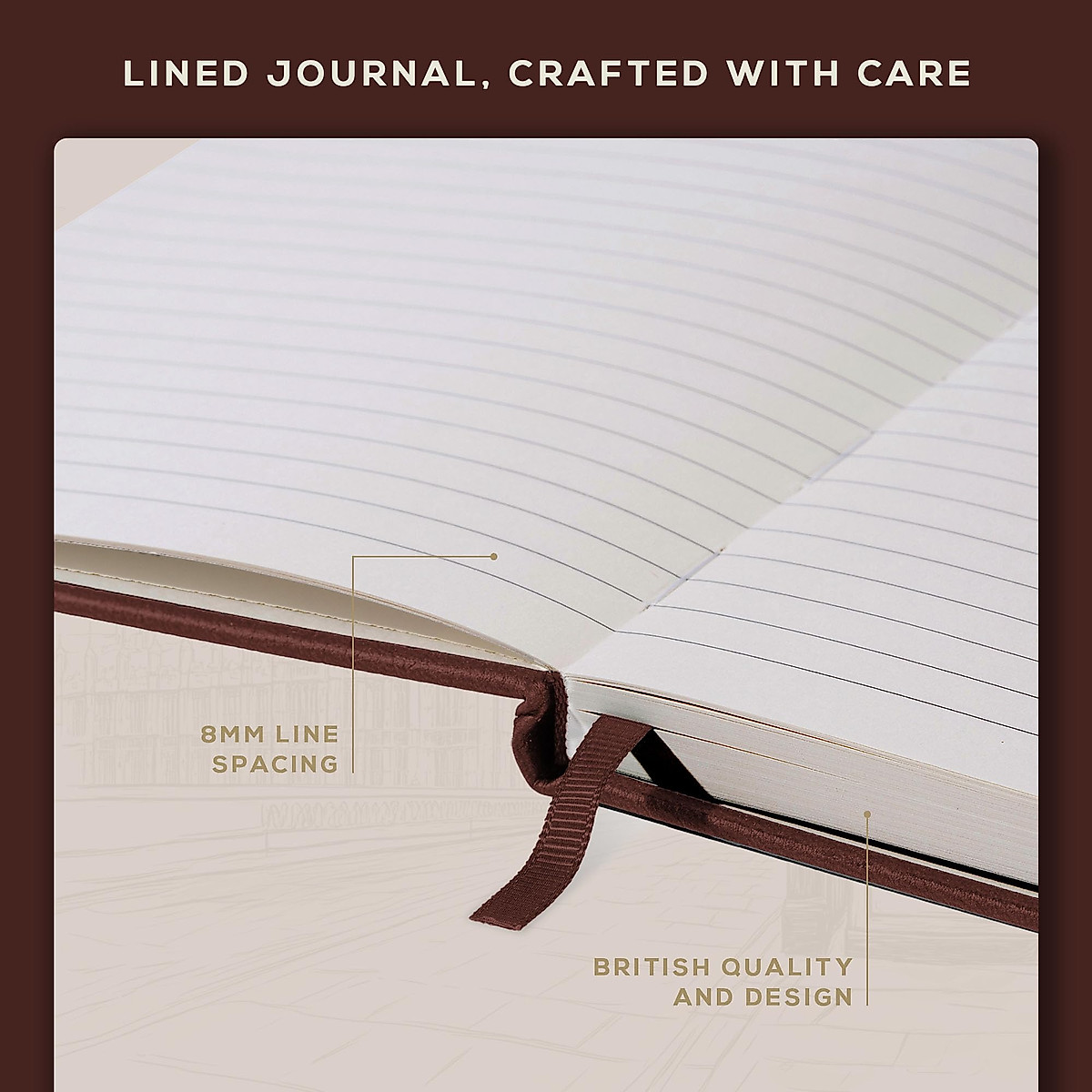 BEECHMORE BOOKS Ruled Notebook - British A5 Journal Large 5.75" x 8.25" Hardcover Vegan Leather, Thick 120gsm Cream Lined Paper | Gift Box | Chestnut Brown