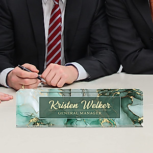 Personalized Premium Green Marble Acrylic Desk Name Plate, Office Decor for Women or Men Coworkers, Boss, Employee, Teacher