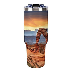 LLUTSNTH 40 Oz Vacuum Tumbler with White Handle Leakproof Insulated Tumbler Arches National Park Stainless Steel Travel Mug with Lid And Straw Coffee Cup Cute Water Bottles Cup Holder Friendly