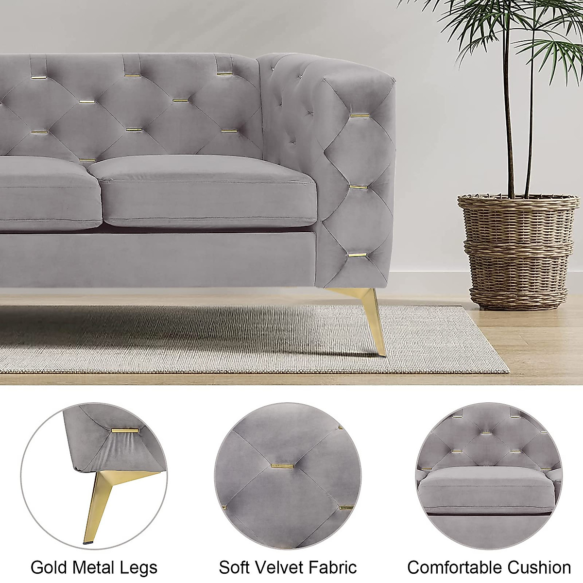 LEVNARY Modern Chesterfield Sofa, Velvet Button Tufted Upholstered 3 Seater Couch, 84 Inches Settee Sofa with High Arm and Golden Metal Legs, Couches for Living Room Bedroom Office (Gray)