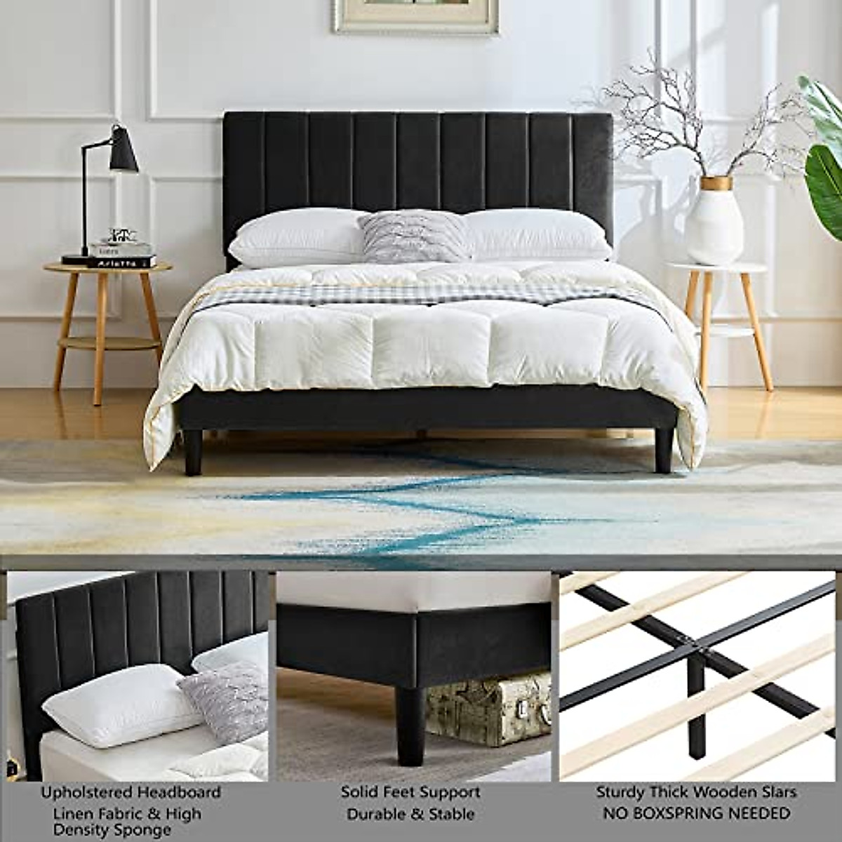 Queen Platform Bed Frame Black Velvet Upholstered Bed Frame with Vertical Geometric Adjustable Headboard,Wooden Slats Support,No Box Spring Needed,Mattress Foundation,Easy Assembly,Noise Free Design