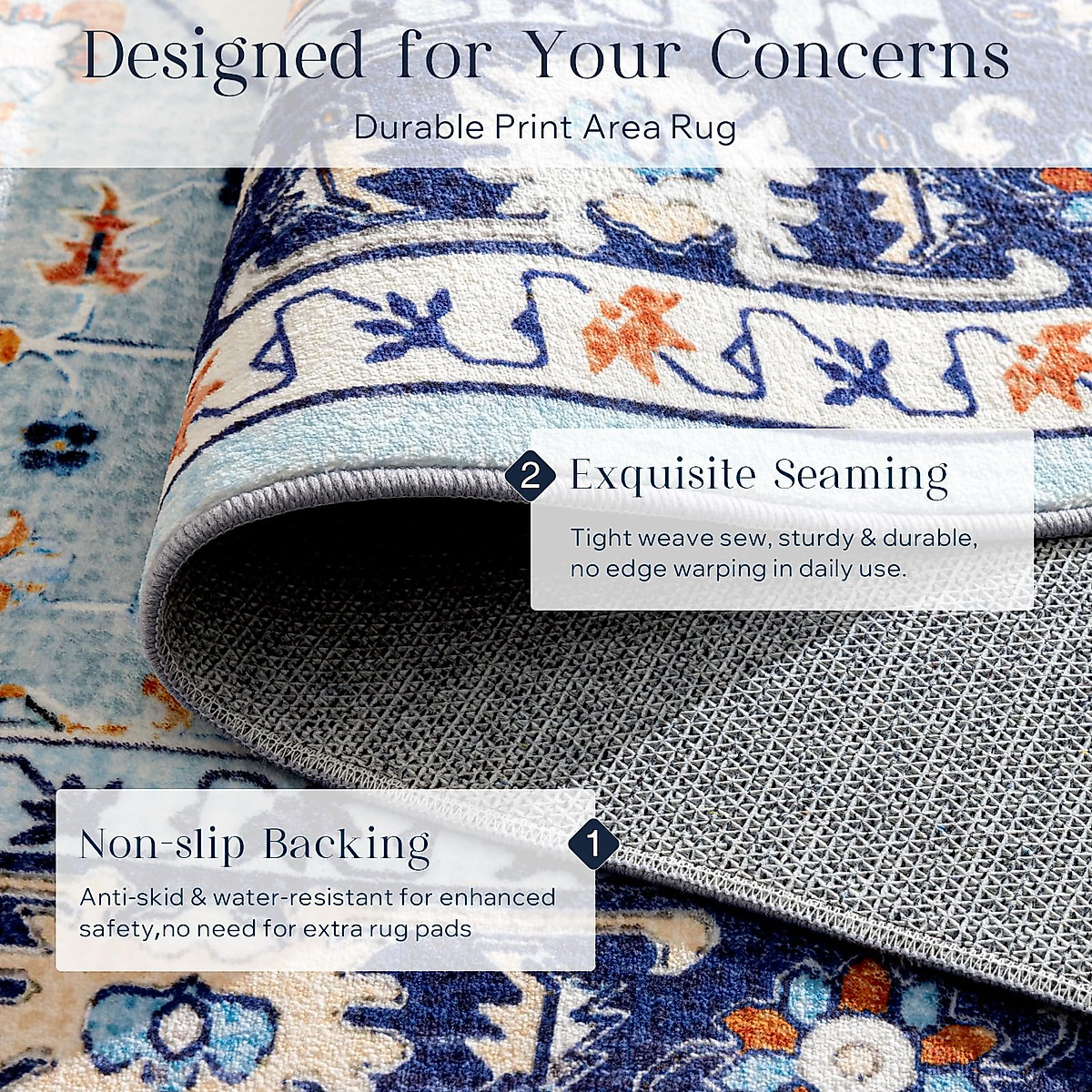 Phantoscope Hallway Runner Rug 2'x6'-Long Rug Runner Boho Retro-Patterned Washable Non-Slip Carpet for Kitchen Entryway Laundry Bedroom,Ultra-Thin Vintage Distressed Accent Rug,Blue/Orange/Cream