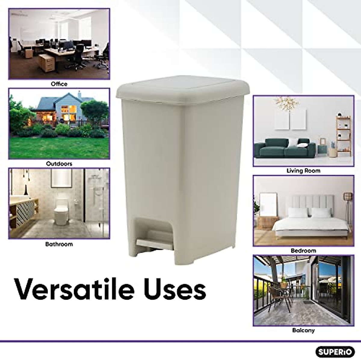 Superio Slim Trash Cans with Pedal Lid 4 Gallon Beige (2 Pack) Plastic Waste Bin 16 Qt. for Under Desk, Office, Bedroom, Bathroom