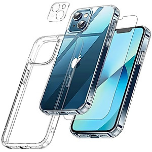 MOLOPPO 4 in 1 Designed for iPhone 13 Case Crystal Clear, [Not-Yellowing] with Tempered Glass Screen Protector + Camera Lens Protector, [Military-Grade Drop Tested] Shockproof Slim Cover 6.1 inch