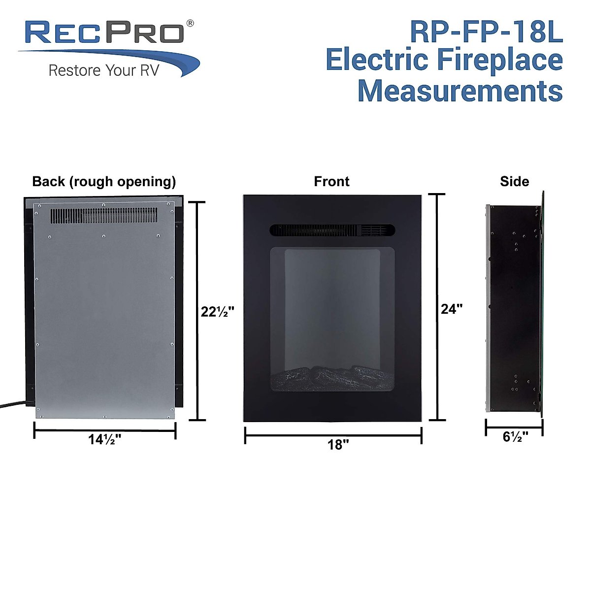 RecPro RV Fireplace 18" | Recessed Electric Fireplace | Glass with Log View | Includes Remote | Three Different Flame Color Options