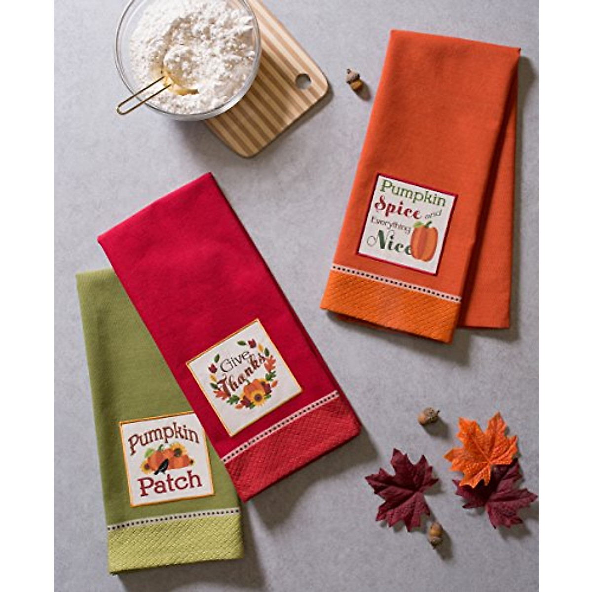 DII Thanksgiving Fall Kitchen Towels Collection Decorative Embellished Dish Towel Set, 18x28", Country Pumpkin, 3 Count