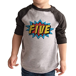 7 ate 9 Apparel Boy's Birthday Five 5 Fifth 5th Superhero Grey Raglan 5T