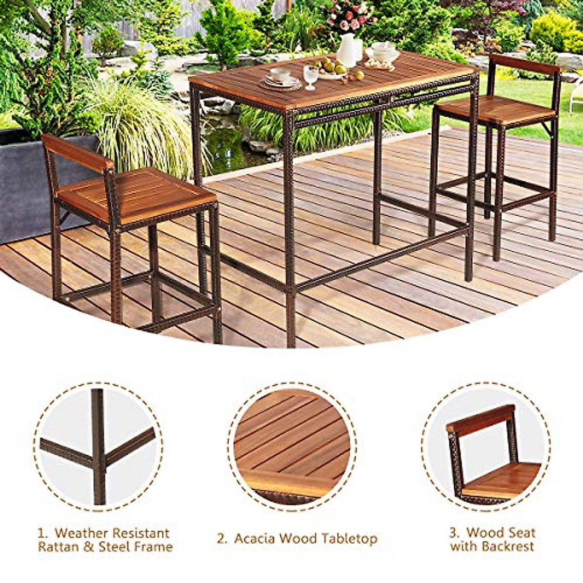 HAPPYGRILL 3-Pieces Outdoor Wicker Rattan Bar Set, Acacia Wood Patio Dining Furniture Set with 2 Chairs for Poolside Backyard Patio Balcony