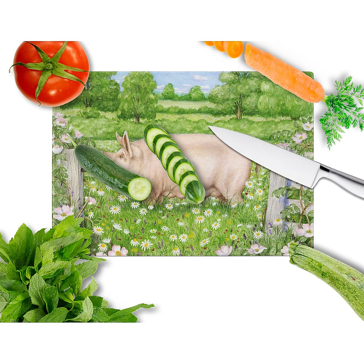 Caroline's Treasures CDCO0374LCB Pig In Dasies by Debbie Cook Glass Cutting Board Large Decorative Tempered Glass Kitchen Cutting and Serving Board Large Size Chopping Board