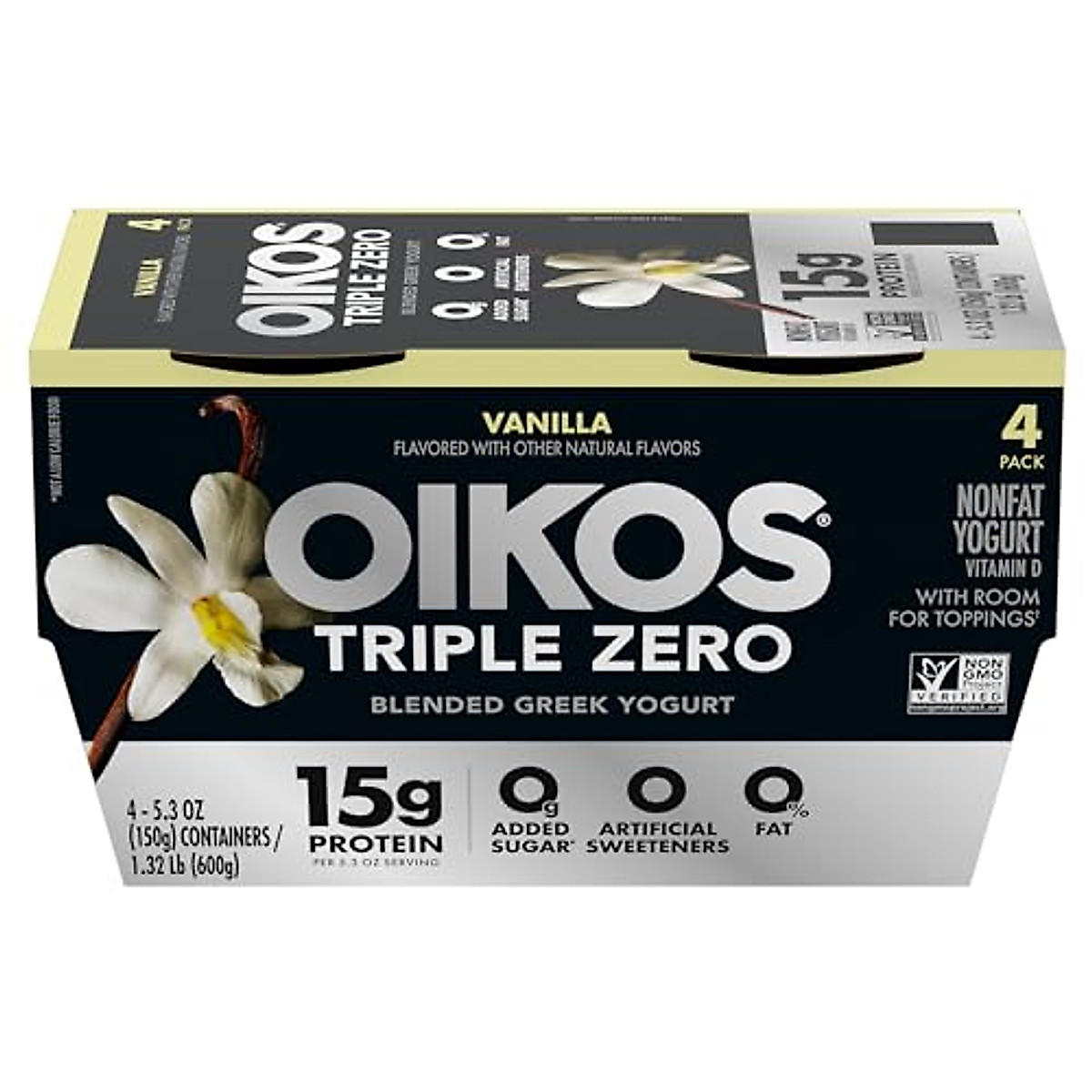Oikos Triple Zero Vanilla Nonfat Greek Yogurt Pack, 0% Fat, 0g Added Sugar and 0 Artificial Sweeteners, Just Delicious High Protein Yogurt, 4 Ct, 5.3 OZ Cups