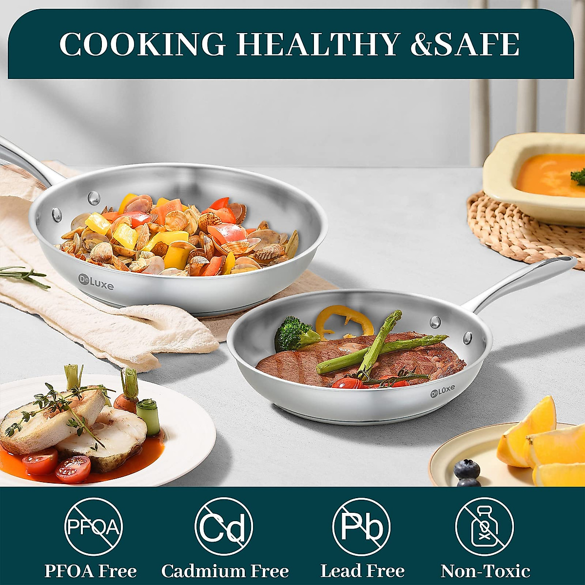 Deluxe 8 Inch Stainless Steel Skillet Pan Nonstick, Gas, Electric, Induction, Dishwasher Safe