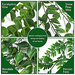 JPSOR 4pcs Artificial Hanging Plants, Fake Hanging Plants Potted Greenery Faux Persian Fern Fake Plants in Pot for Wall Room Patio Office Table Shelf Decor