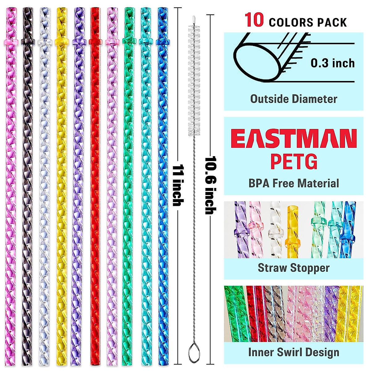 10 Pack Swirl Straws for Starbucks Tumbler, Reusable 11" Long Hard Plastic Shiny Crystal Tumbler Replacement Drinking Straws For 16 OZ 20 OZ 30 OZ Stanley, Yeti Tumblers With Cleaning Brush