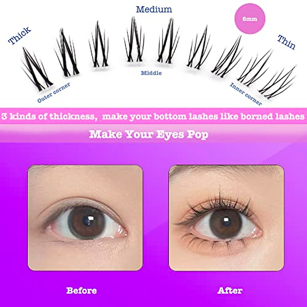 Bottom Lash Clusters DIY Eyelash Extensions - DAODER 90pcs Wispy Natural Look Clear Band Lashes for Bottom Eyelashes 6mm
