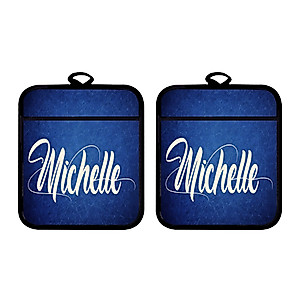 Bleu Reign Oven Mitt and Potholder Set Personalized Custom Name Bright Blue Vintage Distressed Print Linen
