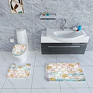 dowhufund 4pcs Marble Bathroom Shower Curtain Sets with Rugs Accessories ,Bathroom Curtains Shower Set Bathroom Decor with 12 Hooks ,Toilet Lid Cover Sets with Non-Slip Rug Bath Mat