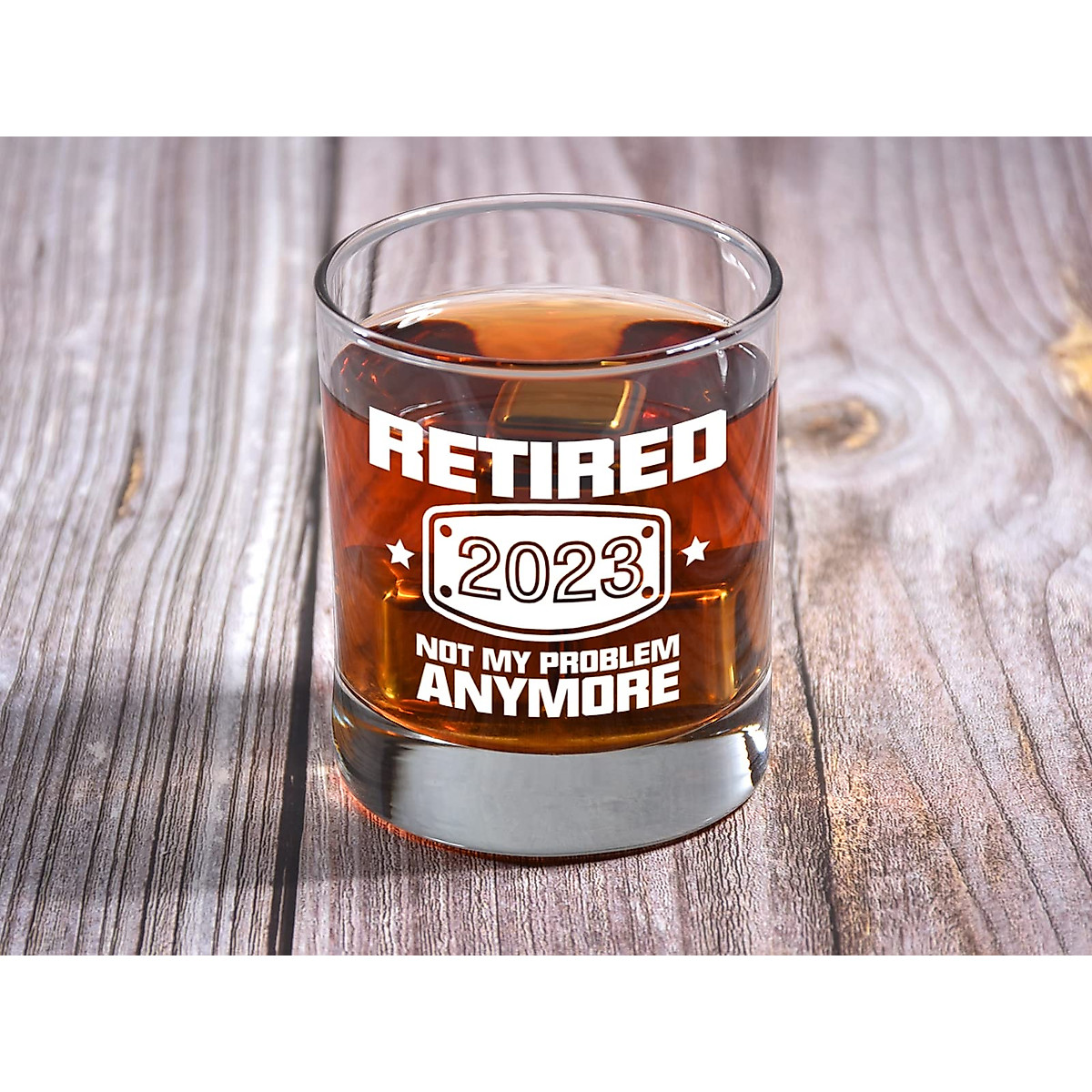 2023 Retirement Gifts for Men, Funny Retired 2023 Not My Problem Any More Whiskey Glass Wooden Gift Boxed Set, Happy Retirement Gifts for Boss, Office Coworkers, Dad, Husband, Brother, Friends