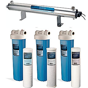 Bluonics 110W UV Ultraviolet Light Plus Sediment and Carbon Well Water Filter Purifier System with NPT 1" Ports, 24 GPM UV Sterilizer with 3 Filter Size 4.5” x 20" Filters