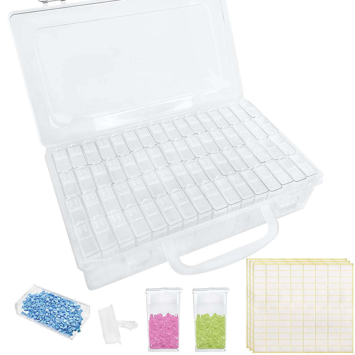 ANQEEL 3 PCS 64 Grids Diamond Painting Storage Containers,Craft Storage Tool Box with Label Stickers,Portable Storage Organizer for Jewelry,Art DIY,Crafts,Beads, Clear