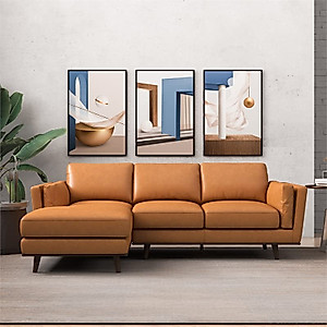 ASHCROFT Mid Century Modern 92.9" Tan Genuine Leather Couch Sectional L-Shape Sofa Left Chaise Facing for Living Room, Waiting Area, Office, Apartment/Loft/Home Living, in Cognac Tan