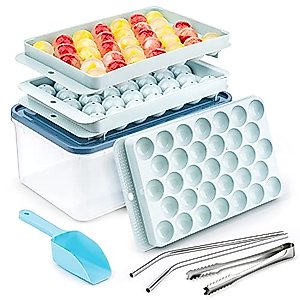 Gracenal Circle Ice Cube Tray, Round Ice Cube Trays for Freezer with Lid and Bin, Ice Tray Making 66pcs Sphere Ice Cube Mold, Ice Ball Maker for Coffee Cocktail Whiskey, Ice Buckets Tongs Scoop Straw
