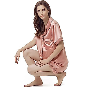 EQIQU Womens Silk Satin Pajamas Set Two-Piece Pjs Sets Short Sleeve Sleepwear Button-Down Loungewear Rose Gold Medium